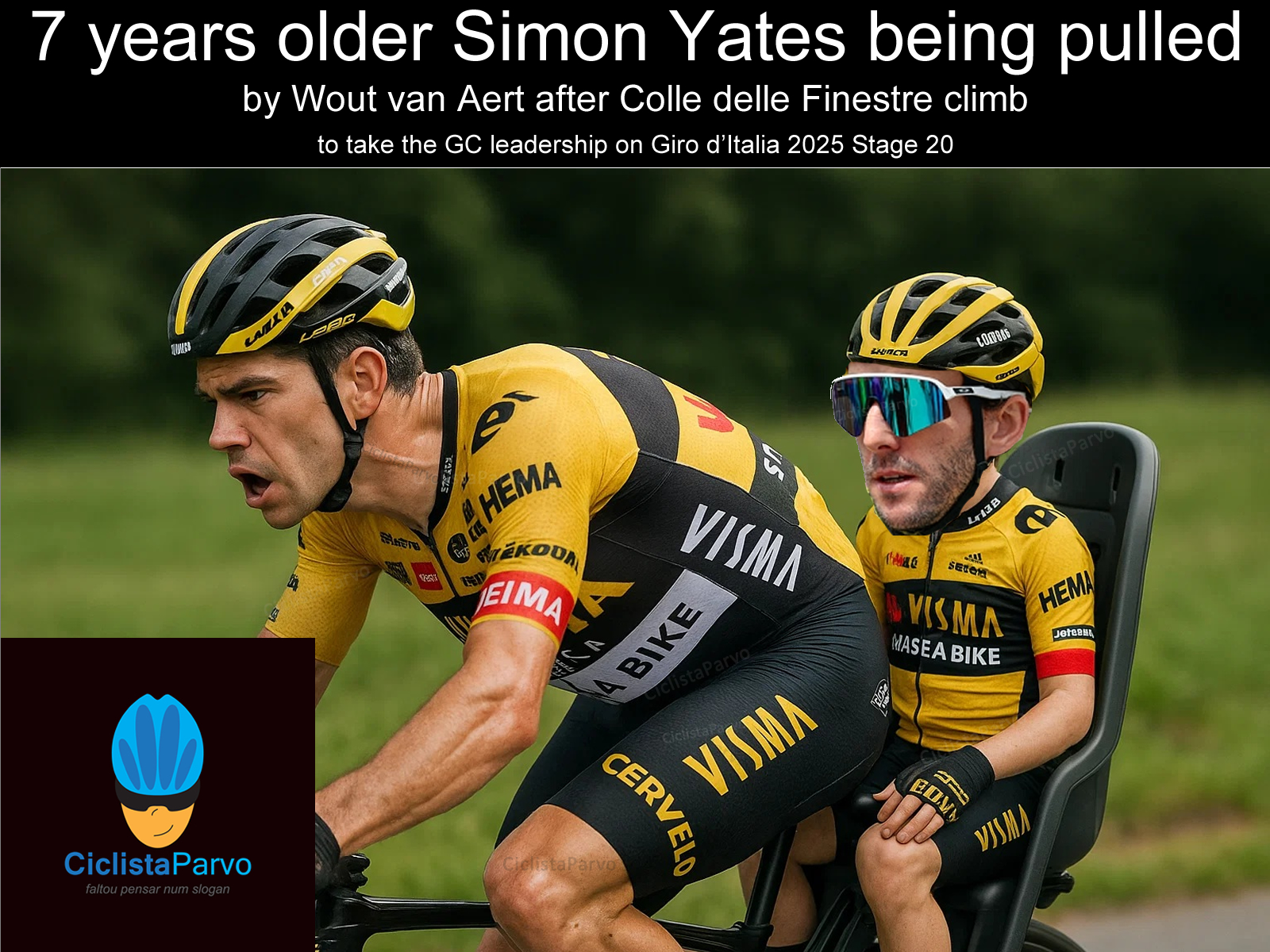 7 years older Simon Yates being pulled by Wout van Aert after Colle ...